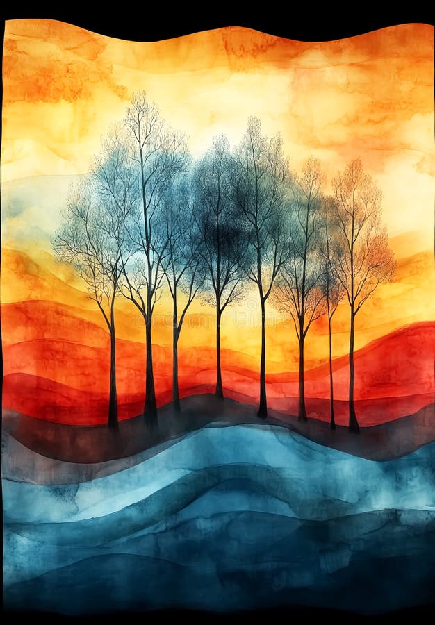 Abstract Tree Design with Amber, Blue and Red Gradient Background Stock ...