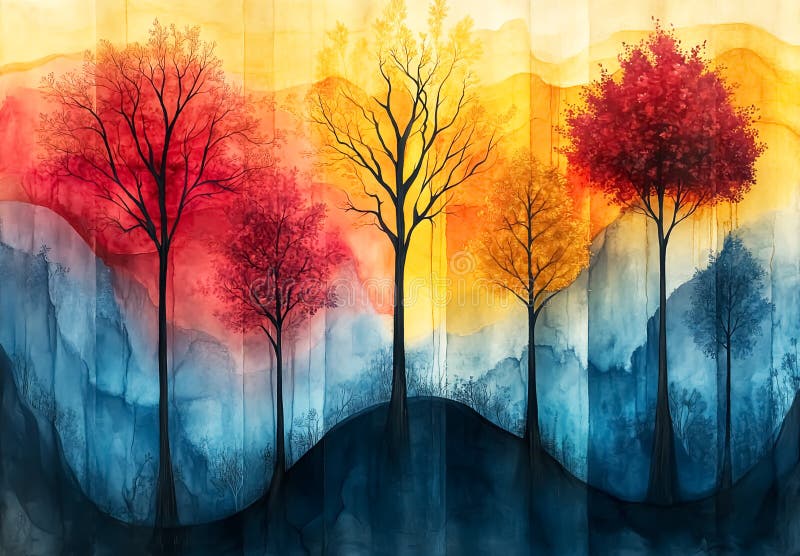 Abstract Tree Design with Amber, Blue and Red Gradient Background Stock ...
