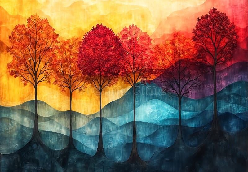 Abstract Tree Design with Amber, Blue and Red Gradient Background Stock ...