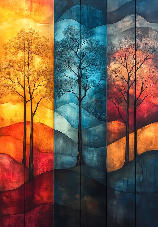Abstract Tree Design with Amber, Blue and Red Gradient Background Stock ...
