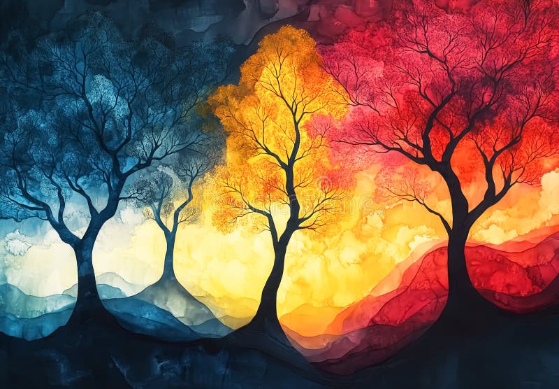 Abstract Tree Design with Amber, Blue and Red Gradient Background Stock ...