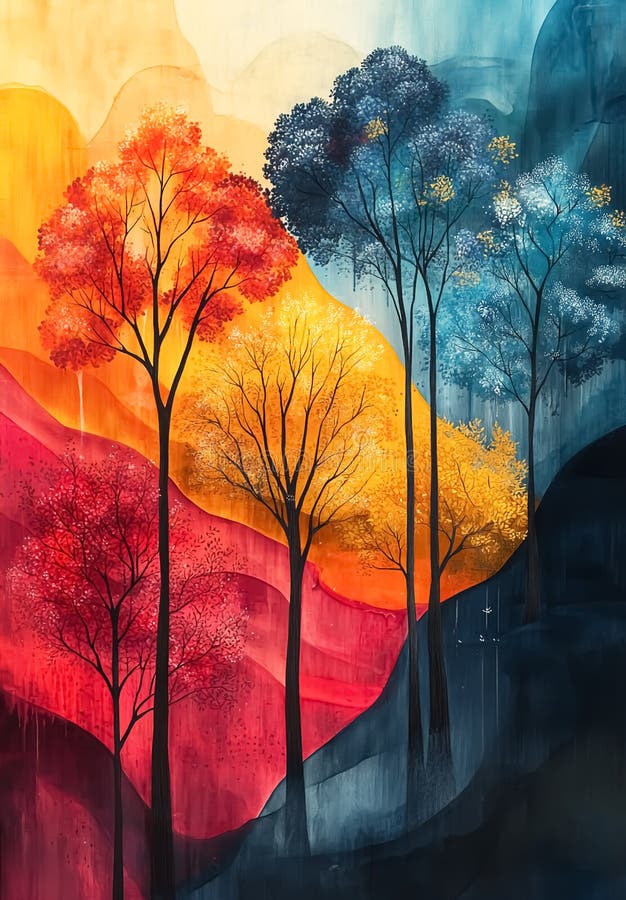 Abstract Tree Design with Amber, Blue and Red Gradient Background Stock ...