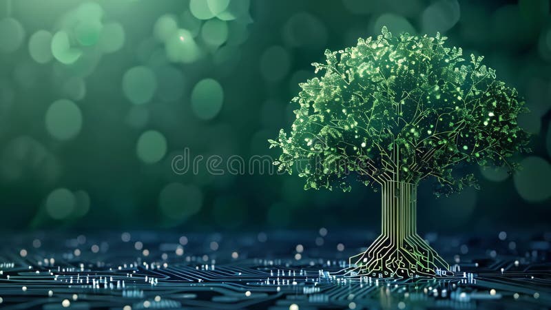 Abstract Tree with Digital Roots and Electrical Connected Cables on a ...