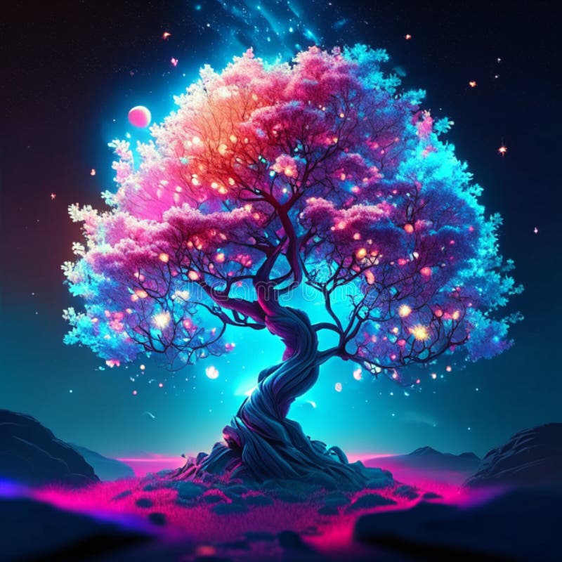 Neon Tree on a Black Background. 3D Rendering Stock Illustration ...