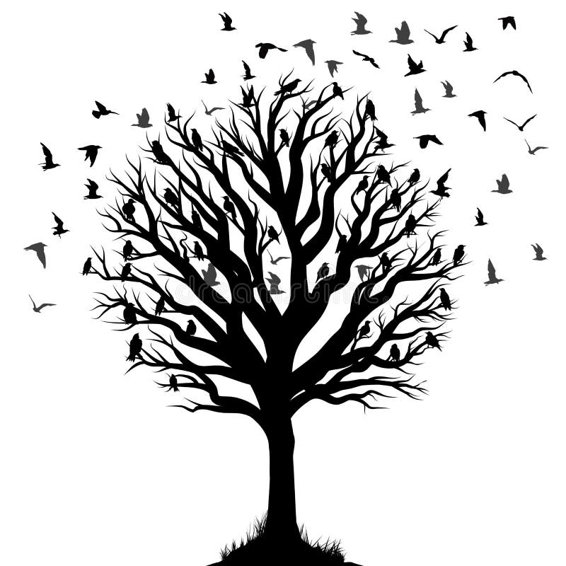 Abstract Tree Silhouette with Flock of Birds Flying Stock Vector ...