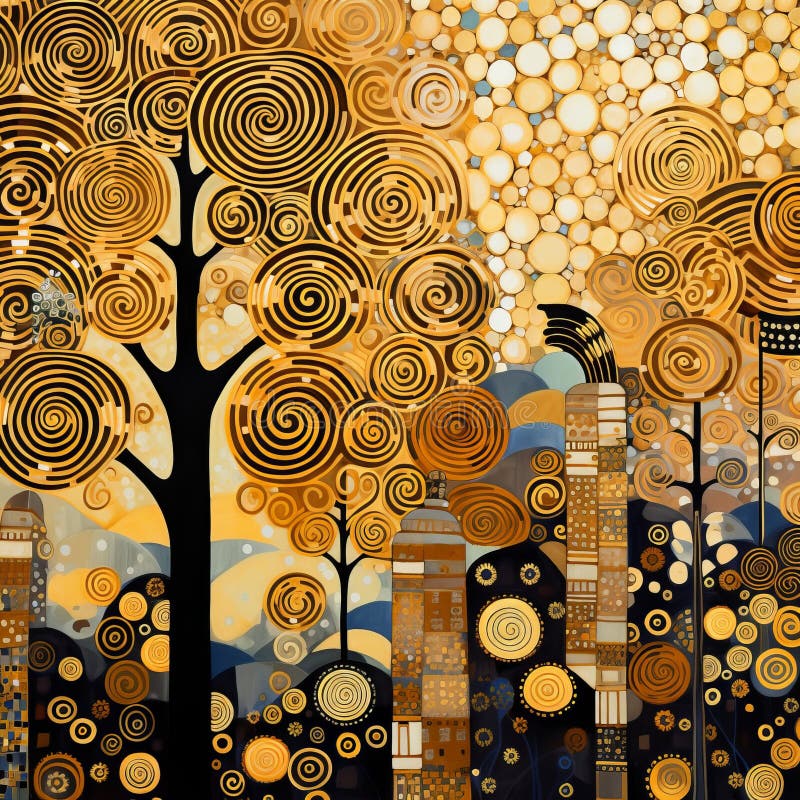 Abstract Tree Twisting Branches Vibrant Spirals Textured Golden ...