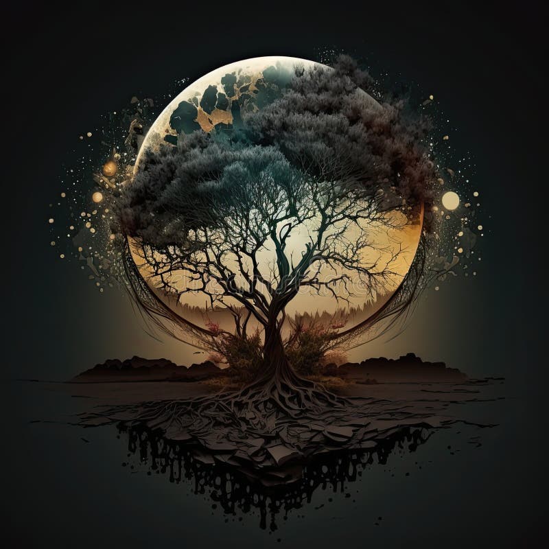 Abstract Tree Under Moonlight, AI Art Stock Image - Image of moon ...