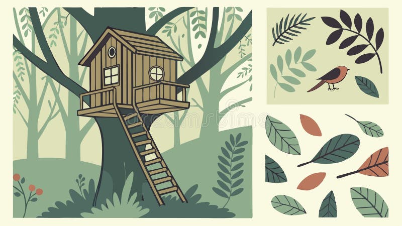 Abstract Treehouse Elements, Stylized Nature Foliage Design, Vector ...