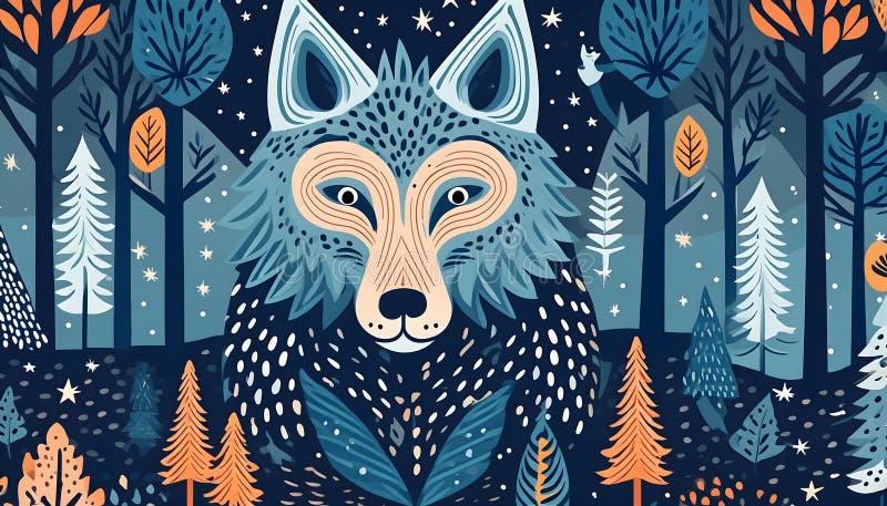 Trendy Cute Seamless Pattern, Wolf in the Night on Digital Art Concept ...