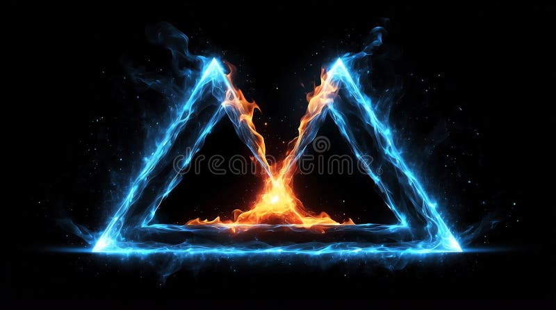 Abstract Triangle of Blue Glowing Light Particles with Fire Flame on ...