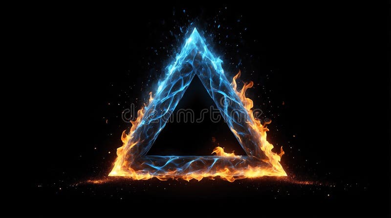 Abstract Triangle of Blue Glowing Light Particles with Fire Flame on ...