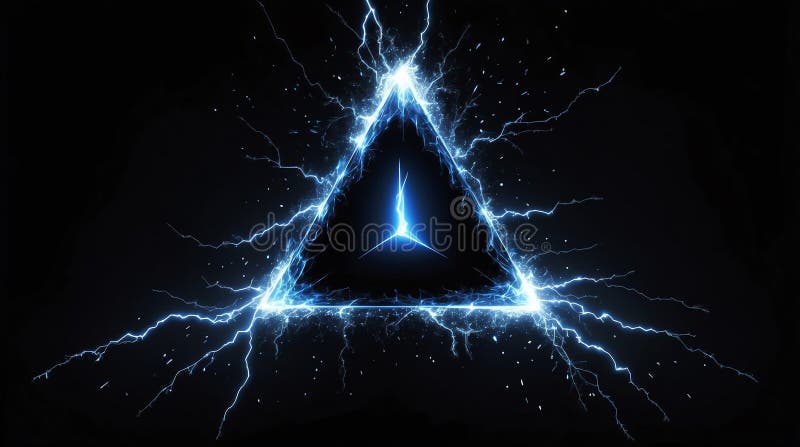 Abstract Triangle of Blue Glowing Light Particles with Lightning Sparks ...