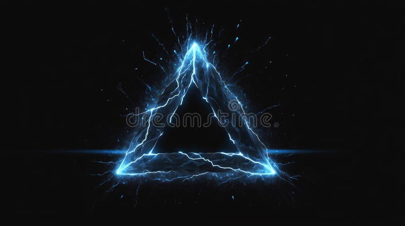 Abstract Triangle of Blue Glowing Light Particles with Lightning Sparks ...