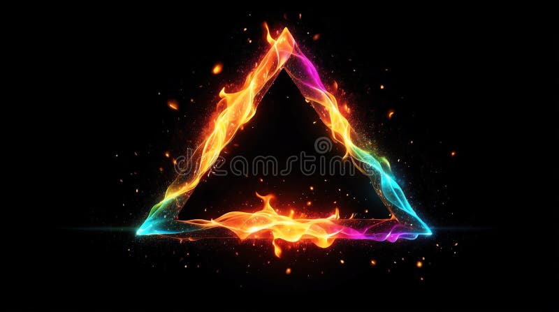 Abstract Triangle of Colorful Glowing Light Particles with Fire Flame ...