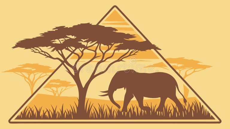 Abstract Triangle Frame with Elephant and Acacia Tree, Vector Design ...