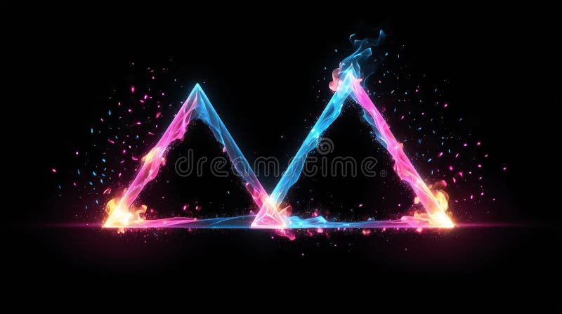 Abstract Triangle of Pink Blue Glowing Light Particles with Fire Flame ...