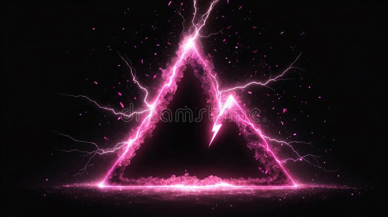 Abstract Triangle of Pink Glowing Light Particles with Lightning Sparks ...