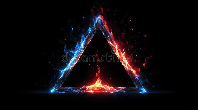 Abstract Triangle of Red Blue Glowing Light Particles with Fire Flame ...