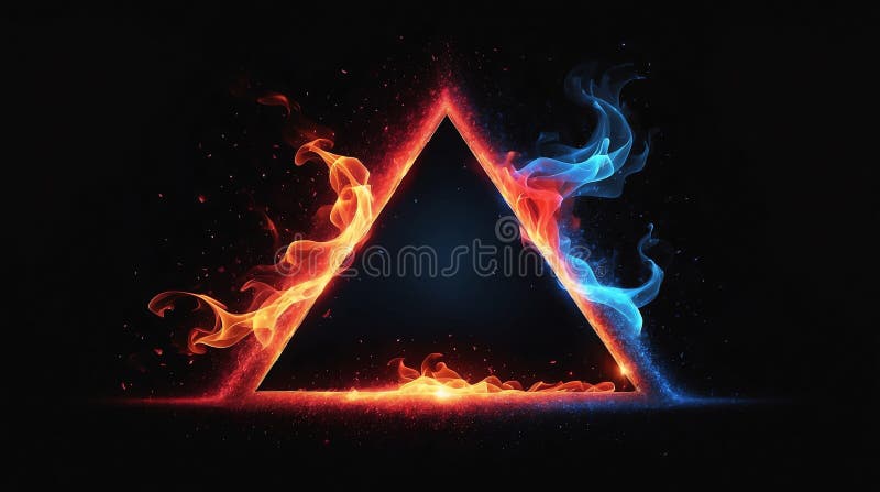 Abstract Triangle of Red Blue Glowing Light Particles with Fire Flame ...