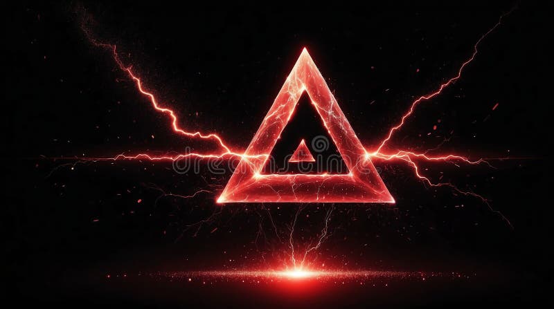 Abstract Triangle of Red Glowing Light Particles with Lightning Sparks ...