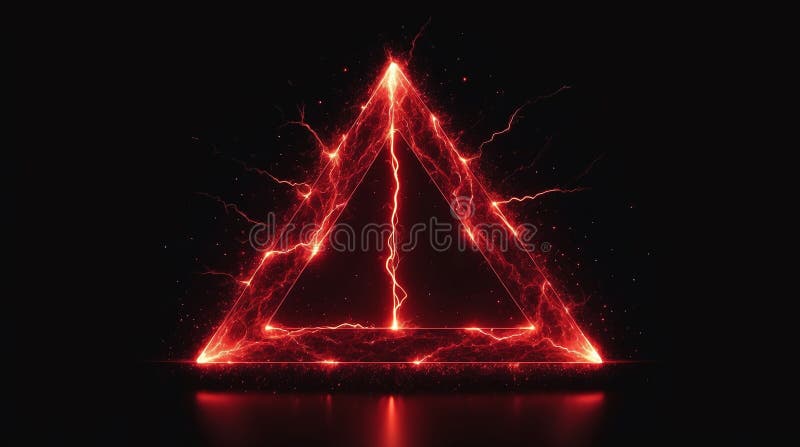 Abstract Triangle of Red Glowing Light Particles with Lightning Sparks ...