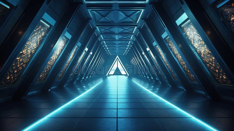 Abstract Triangle Spaceship Corridor. Futuristic Tunnel with Light ...