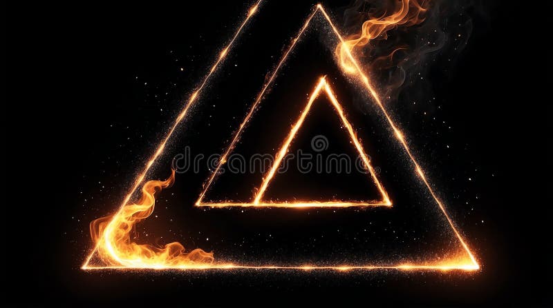 Abstract Triangle of White Glowing Light Particles with Fire Flame on ...