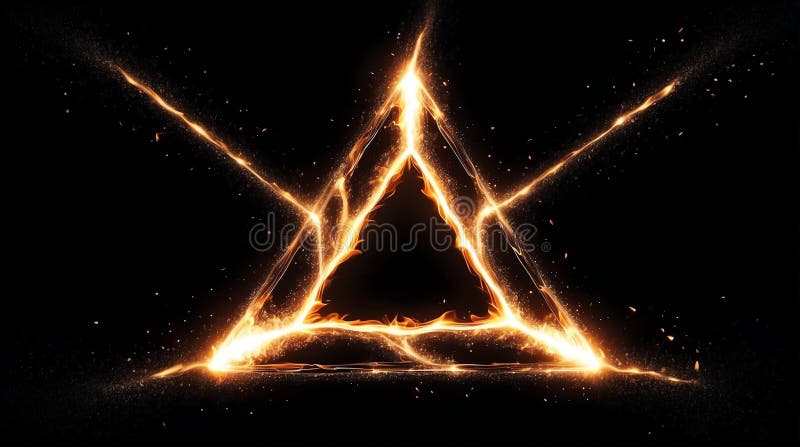 Abstract Triangle of White Glowing Light Particles with Fire Flame on ...