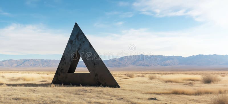 Abstract Triangular Sculpture in Desert Landscape, Large Metal ...