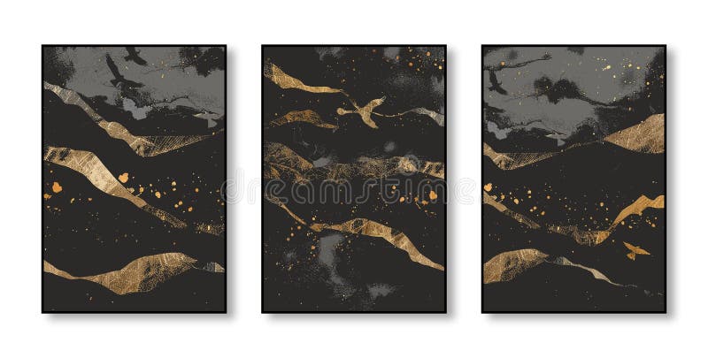 Abstract Triptych with Black and Gold Textures Stock Illustration ...