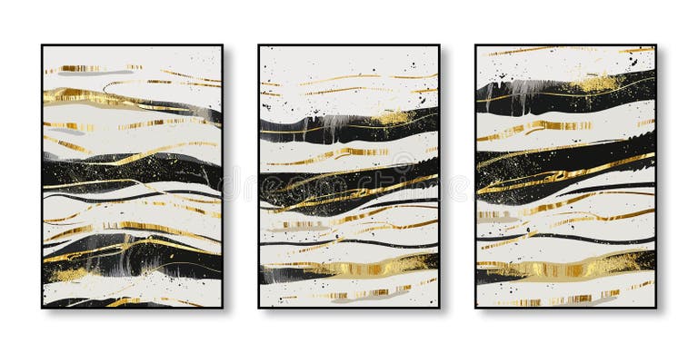 Abstract Triptych with Black, White, and Gold Waves. Stock Illustration ...