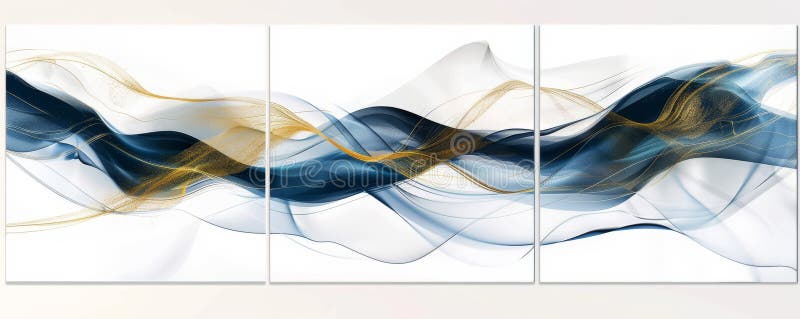 Abstract Triptych with Blue and Gold Wave Patterns on White Background ...