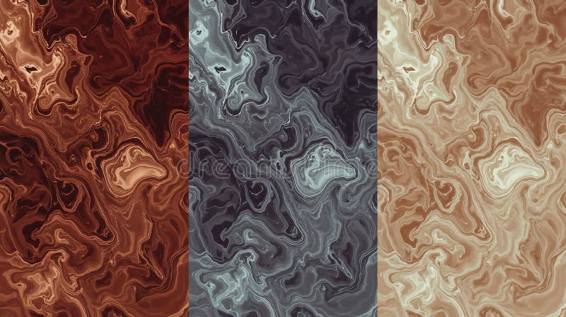 Abstract Triptych Digital Art Brown Gray Beige Swirling Liquid Marble Texture Pattern Background ...