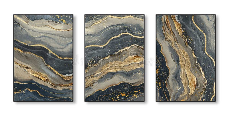 Abstract Triptych with Gold and Navy Patterns. Stock Illustration ...