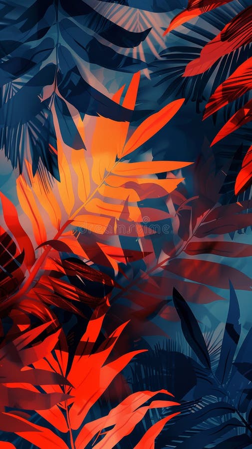 Abstract Tropical Foliage in Vibrant Blue and Red Colors Stock Image ...