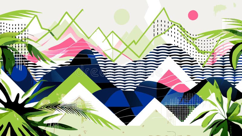 Abstract Tropical Landscape with Geometric Mountains and Foliage Stock ...
