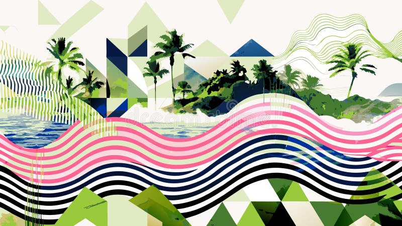 Abstract Tropical Landscape with Geometric Shapes and Waves Stock Image ...