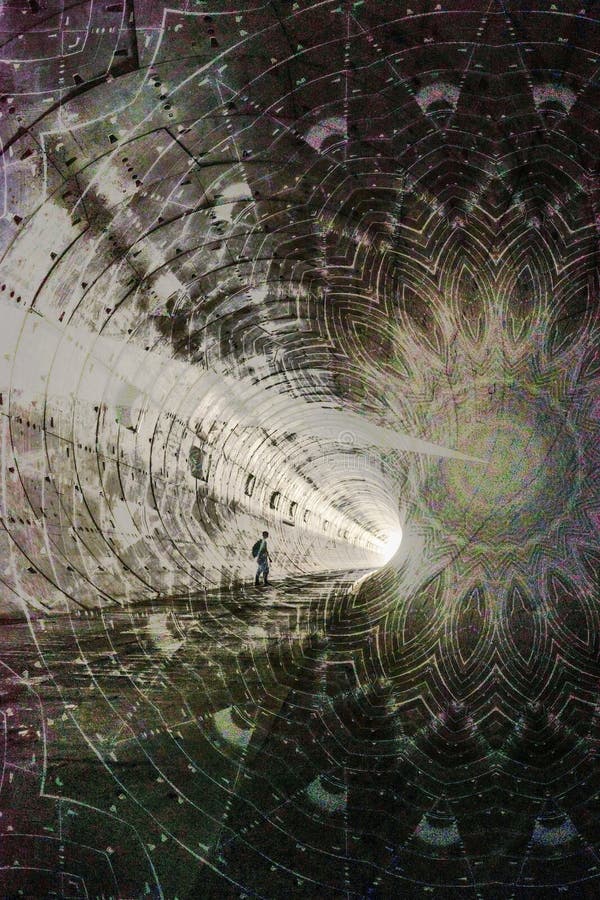 Abstract Tunnel in the Form of a Kaleidoscope with a Man Walking in the ...