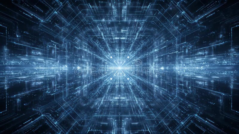Abstract Tunnel of Glowing Blue Digital Data Network Lines Perspective ...