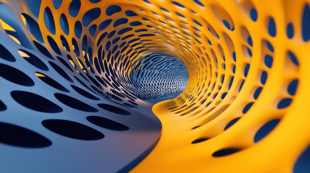 Abstract Tunnel of Interwoven Blue and Yellow Mesh with Dynamic ...