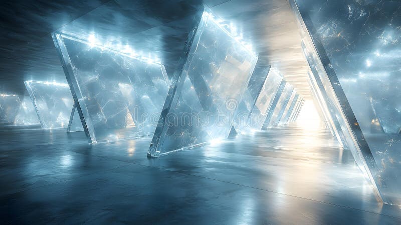 Abstract Tunnel Made of Shifting Triangular Glass Panels with Mirror ...