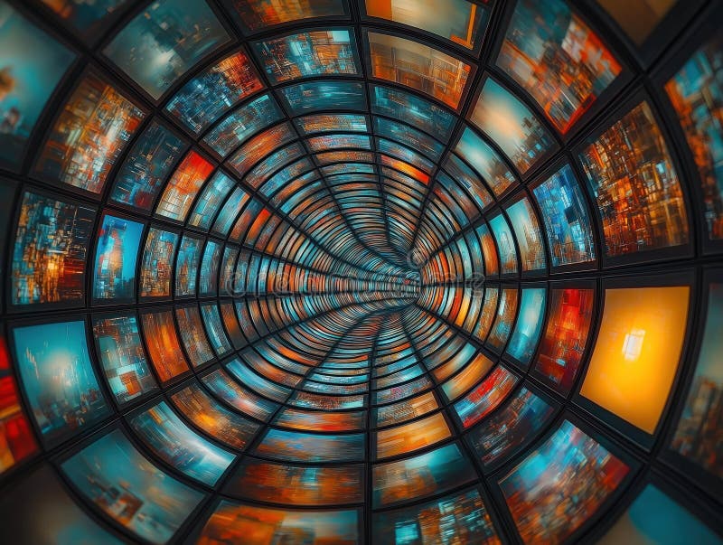 Abstract Tunnel with Screens Showing Different Moving Images. Digital ...