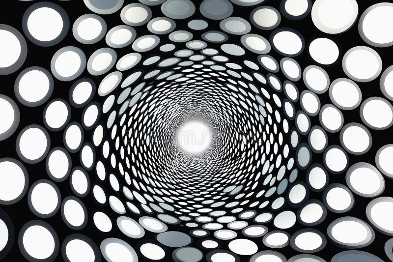 Abstract Tunnel of White Circular Patterns on Black Background with Futuristic Optical Illusion ...