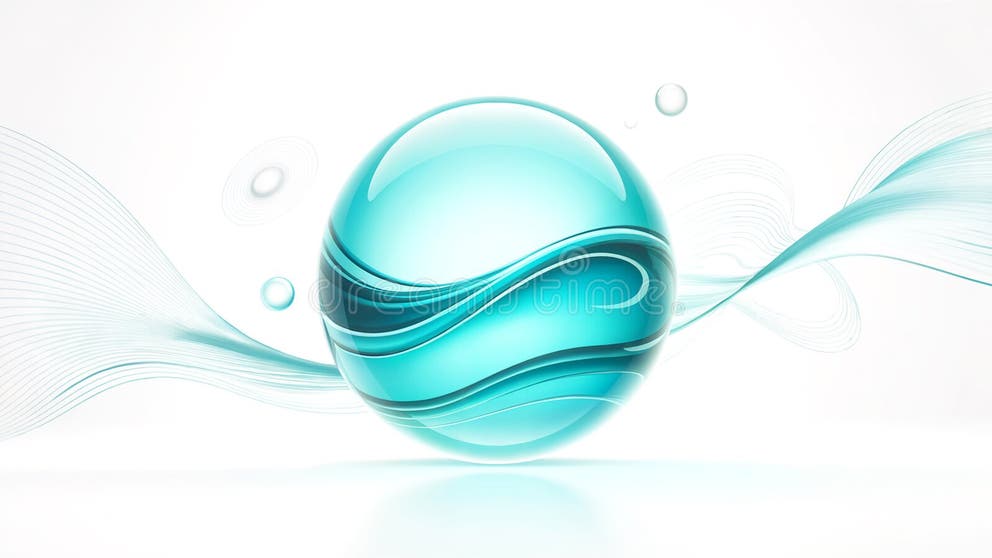 Abstract Turquoise Sphere with Flowing Lines and Bubbles on White ...