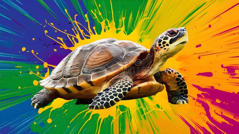 Abstract Turtle Artwork: Paint Splash Technique on Bright and Colourful ...
