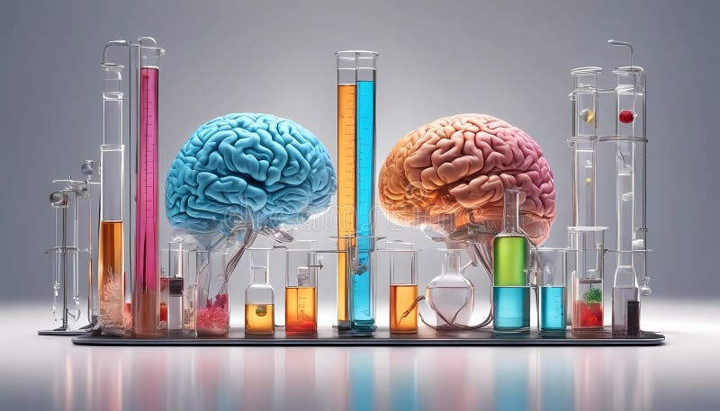 Abstract Two Stylized Brain on a Table Linked with Sparks and Intricate ...