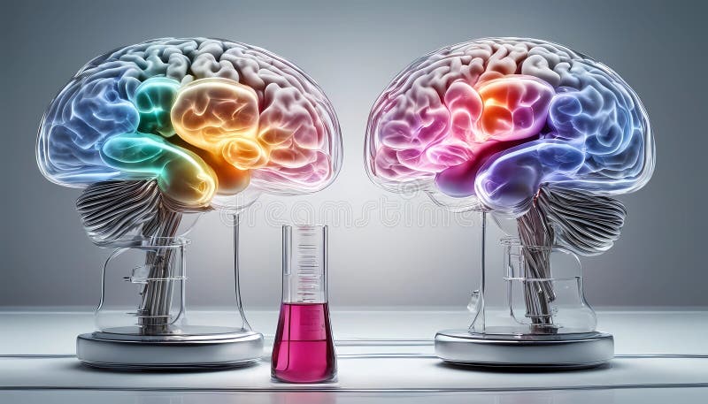 Abstract Two Stylized Brain on a Table Linked with Sparks and Intricate ...