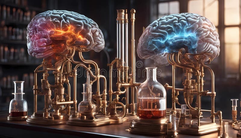 Abstract Two Stylized Brain on a Table Linked with Sparks and Intricate ...