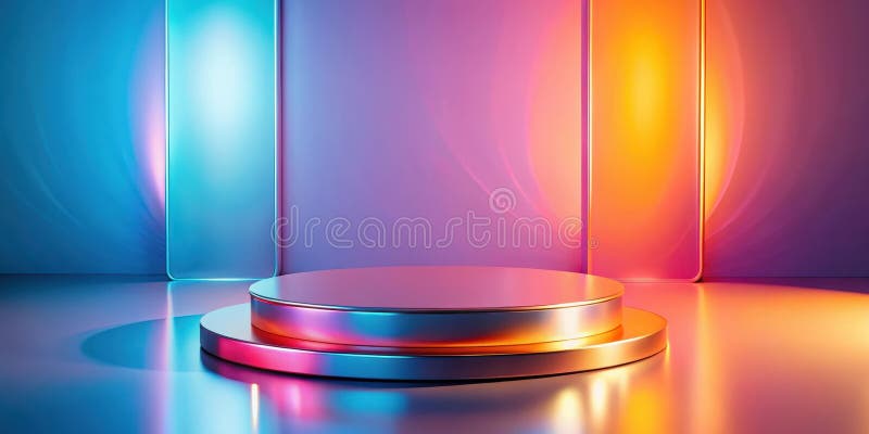 Abstract Two-tiered Metallic Platform Illuminated by Vibrant Neon ...