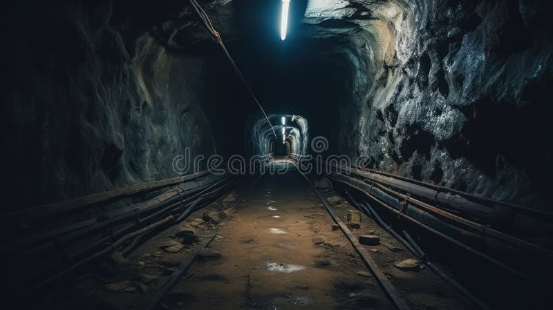 Abstract Underground Empty Technical Tunnel in the Mine, Rails for the ...